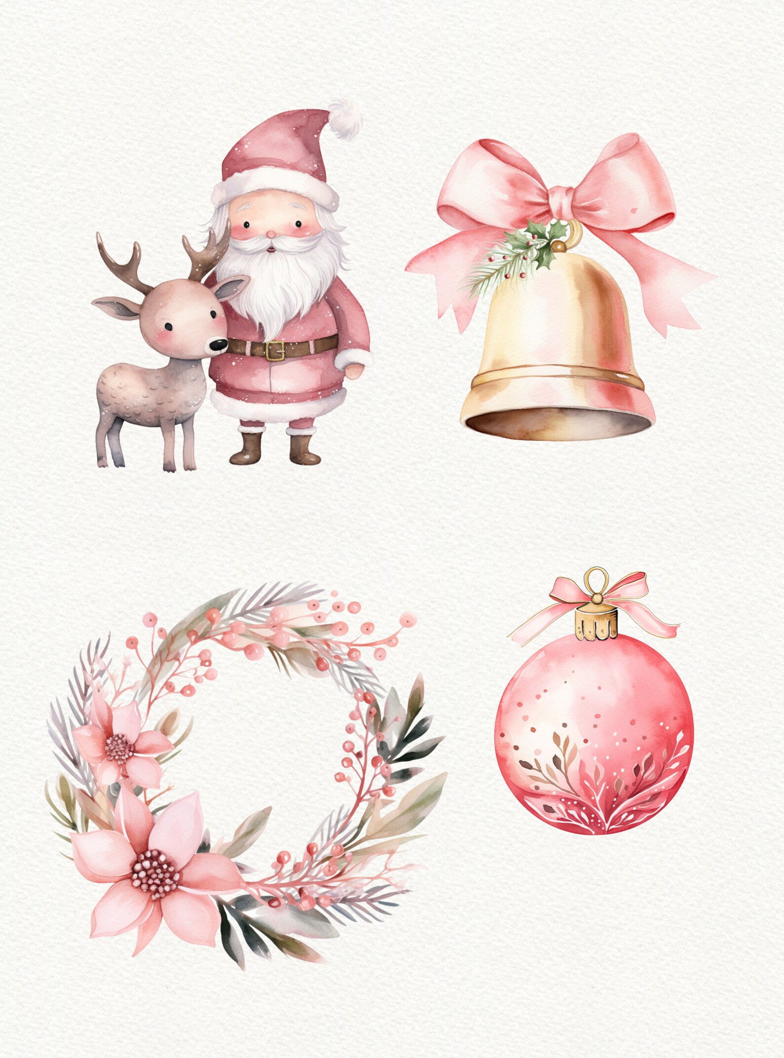 Pink Christmas Clipart: Gold Ornaments, Trees, Santa (PNG Digital ...