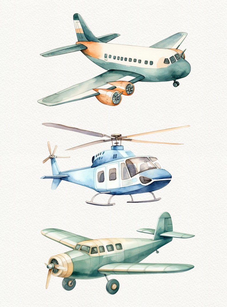 Watercolor Airplane & Helicopter Clipart: Aviation PNG Images (digital ...
