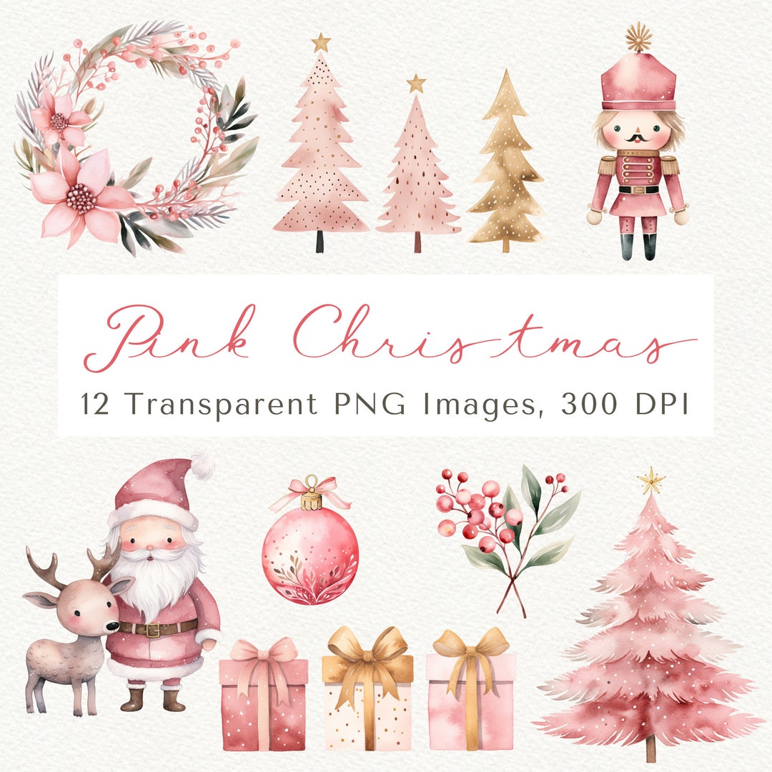 Pink Christmas Clipart: Gold Ornaments, Trees, Santa (PNG Digital ...