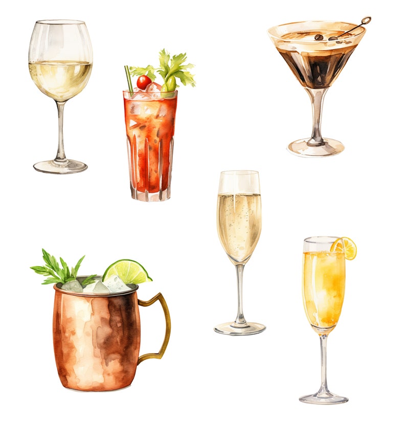Watercolor Cocktail Clipart, Bar Cart Clipart, Signature Cocktail ...