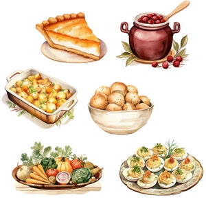 Watercolor Thanksgiving Food Clipart: Turkey, Pie, Drinks (PNG Digital ...