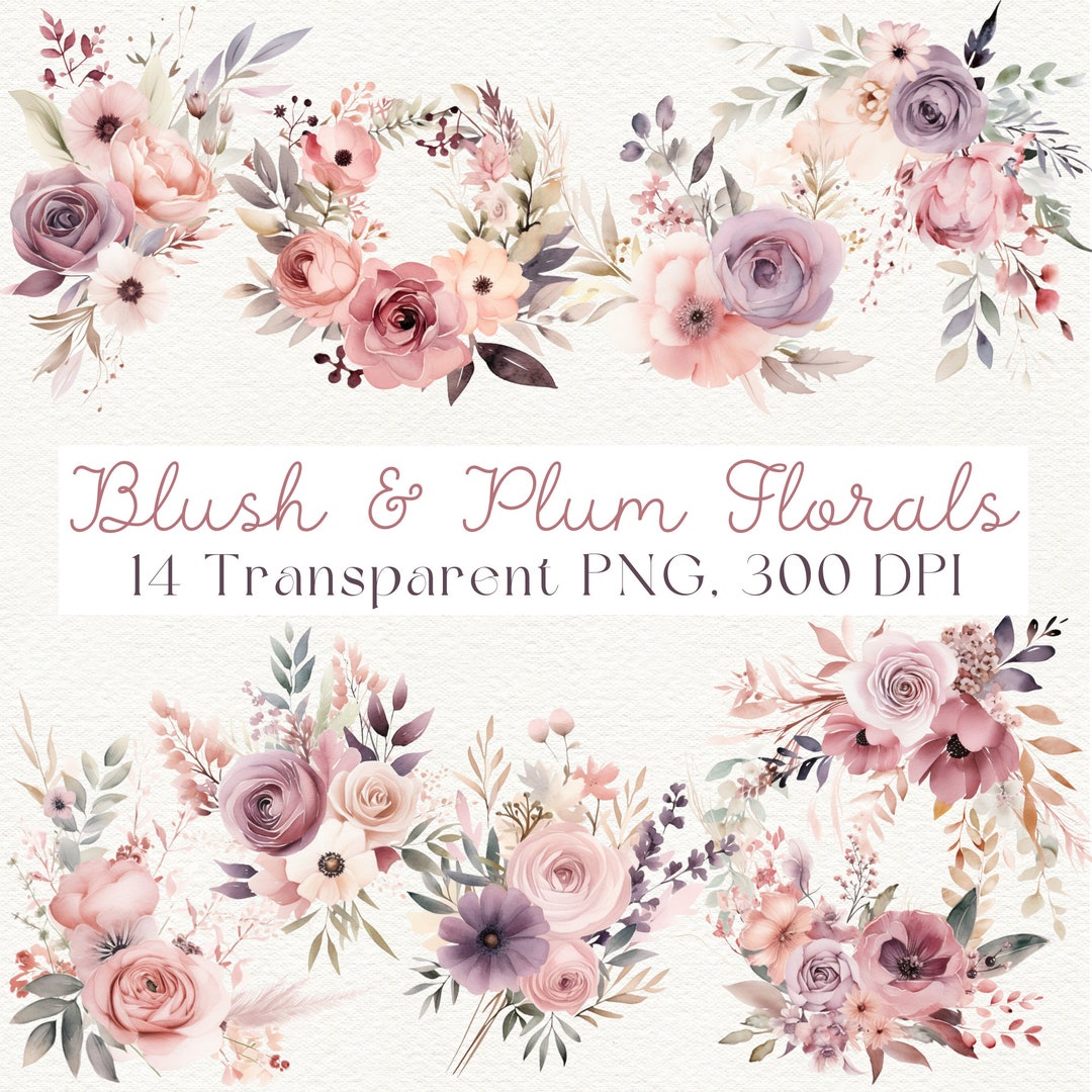 Watercolor Blush & Plum Floral Clipart: Wedding Wreath PNG (digital ...