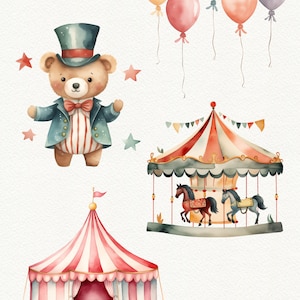 Watercolor Circus Clipart: Carnival Animals, Tent, and Balloons (PNG ...