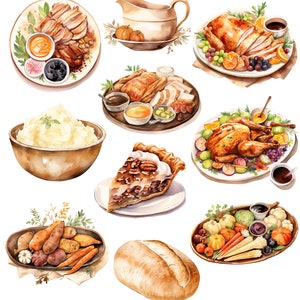 Watercolor Thanksgiving Food Clipart: Turkey, Pie, Drinks (PNG Digital ...