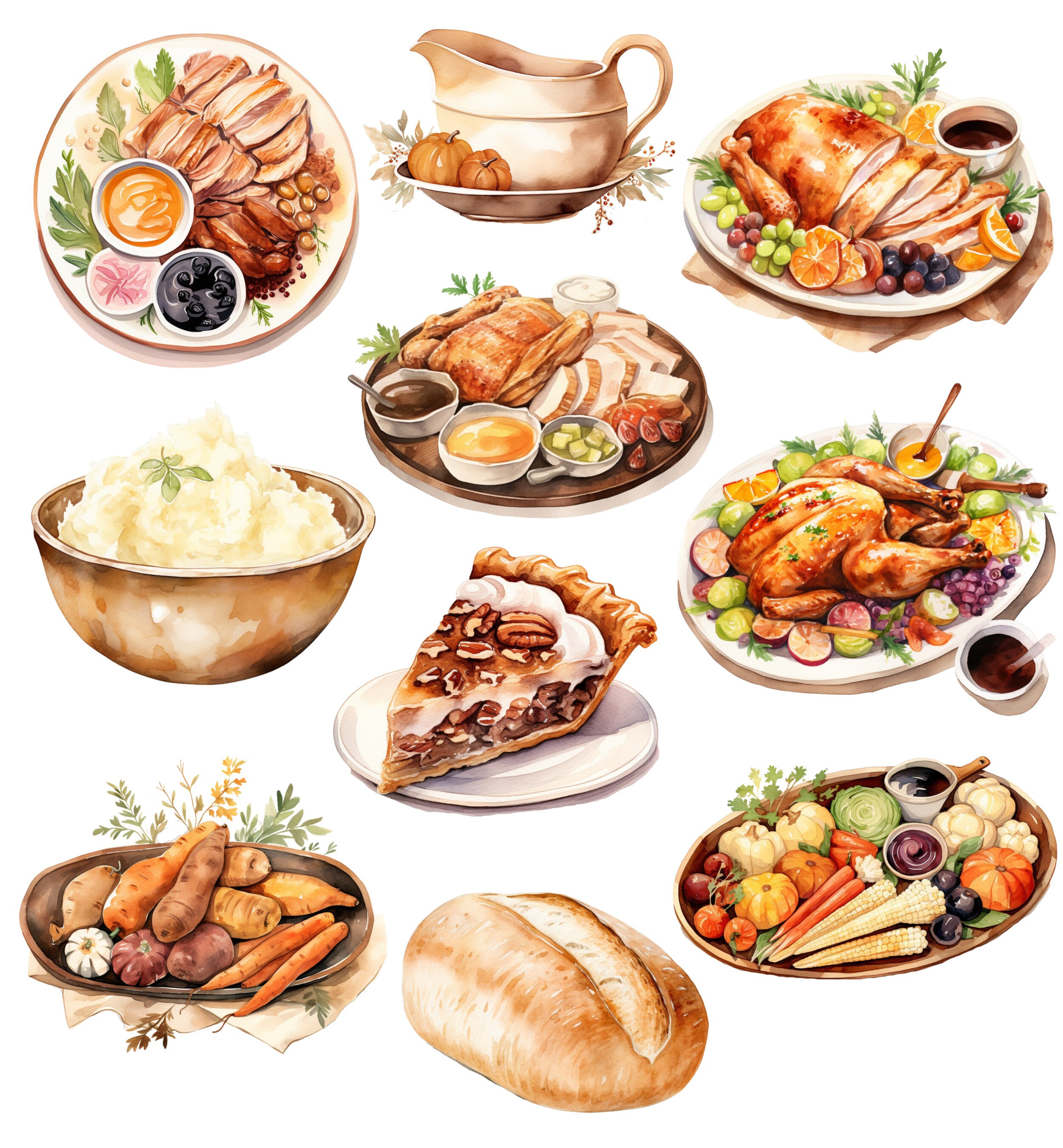 Thanksgiving Food Clipart, Thanksgiving PNG, Turkey Clipart, Watercolor ...