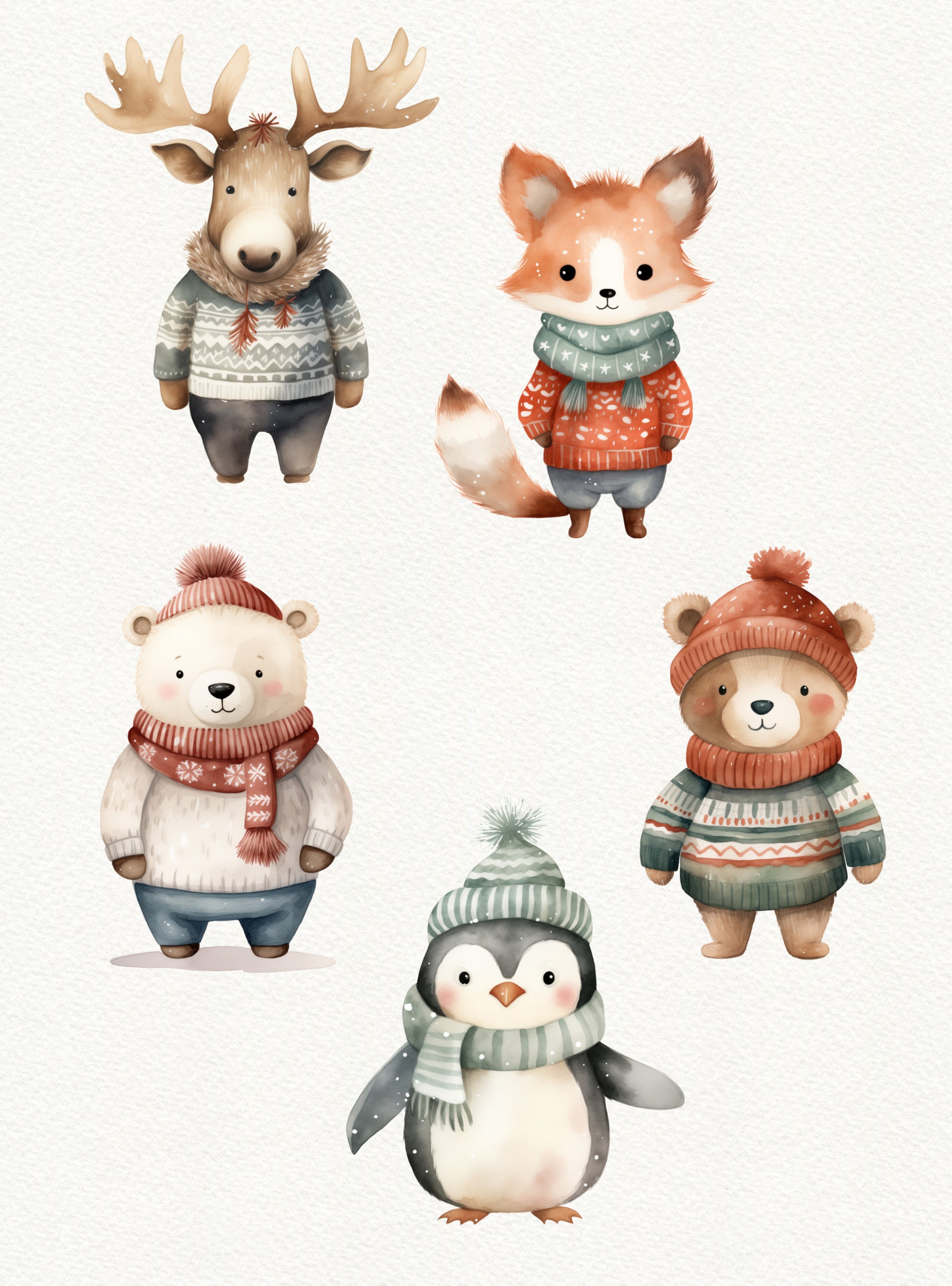Watercolor Christmas Animal Clipart: Festive Winter PNG Images (digital ...