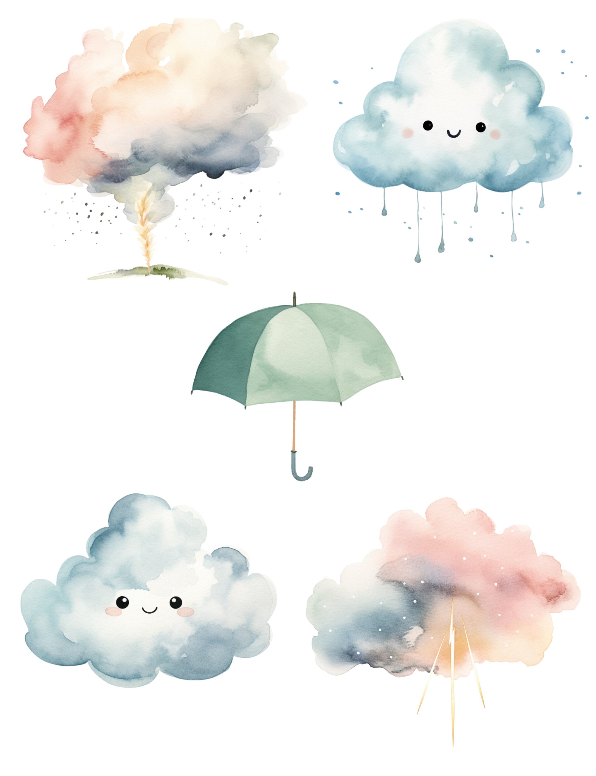 Watercolor Weather Clipart, Kawaii Weather Clipart, Rainbow Clipart ...