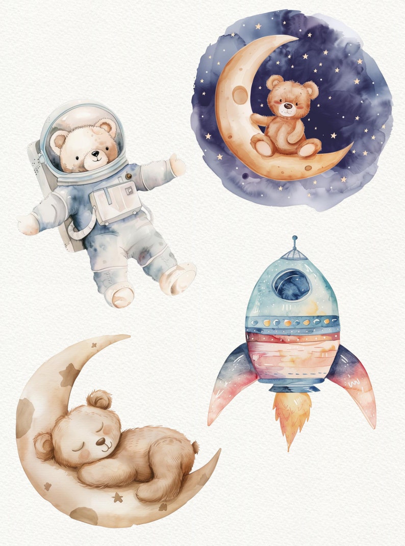 Watercolor Teddy Bear Space Clipart: Rocket, Moon, Astronaut (PNG ...