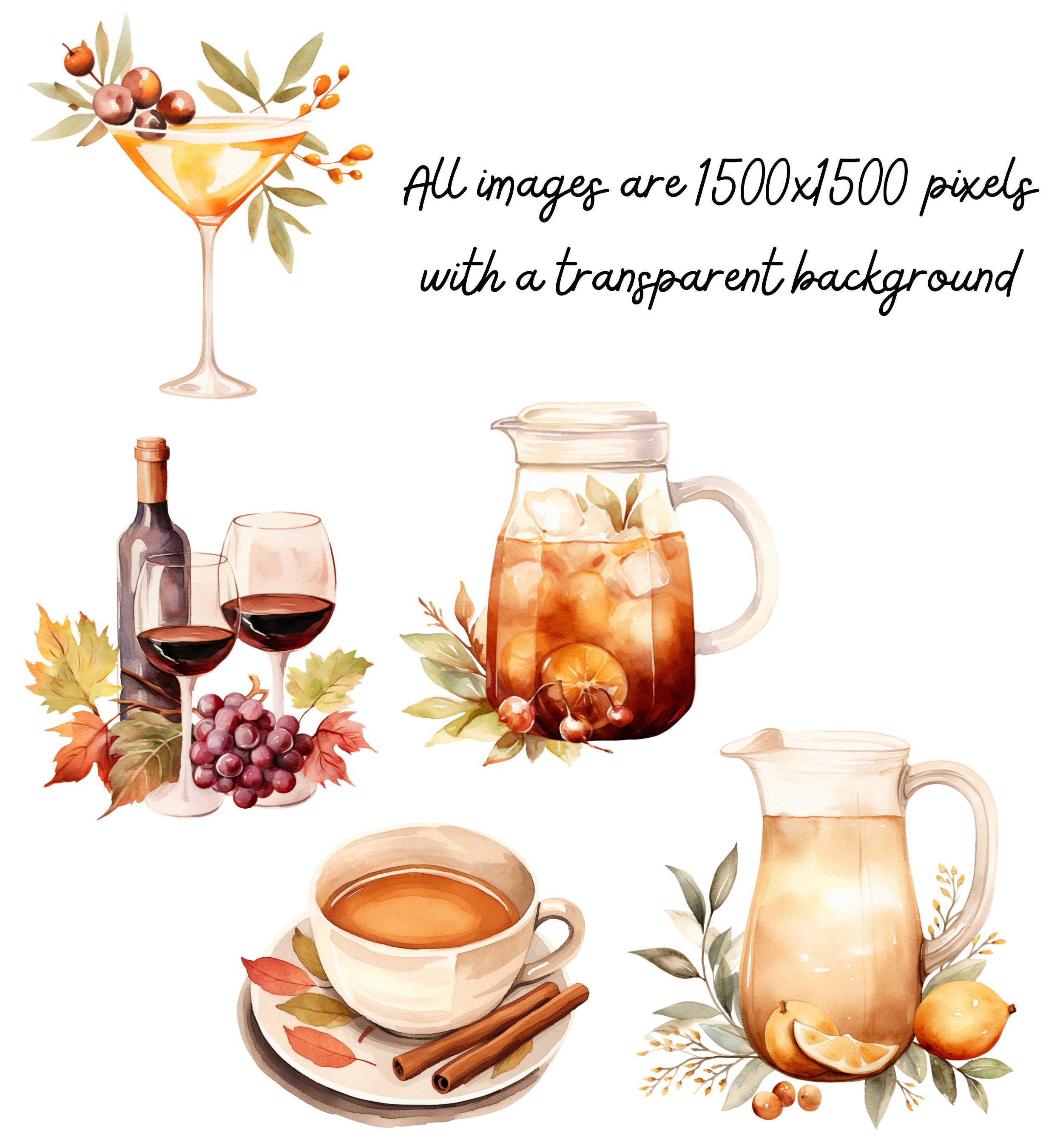 Watercolor Thanksgiving Food Clipart: Turkey, Pie, Drinks (PNG Digital ...