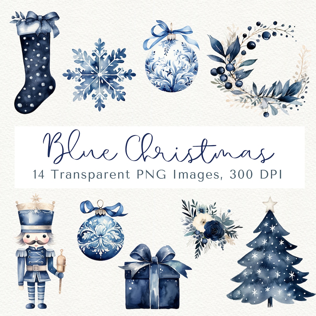 Blue Christmas Clipart: Watercolor Winter PNG Images (digital Download ...