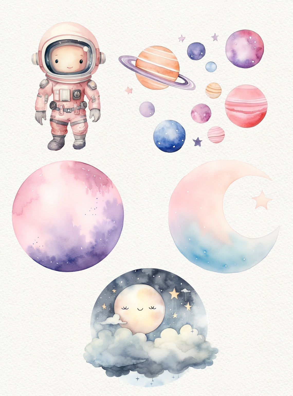 Watercolor Pastel Space Clipart: Girl Astronaut, Rocket, Planets (PNG ...