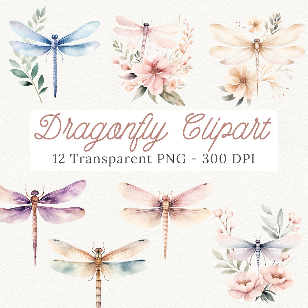 Dragonflies Clipart, Watercolor Dragonfly, Insect Clipart, Dragonfly Flowers, Floral Clipart ...