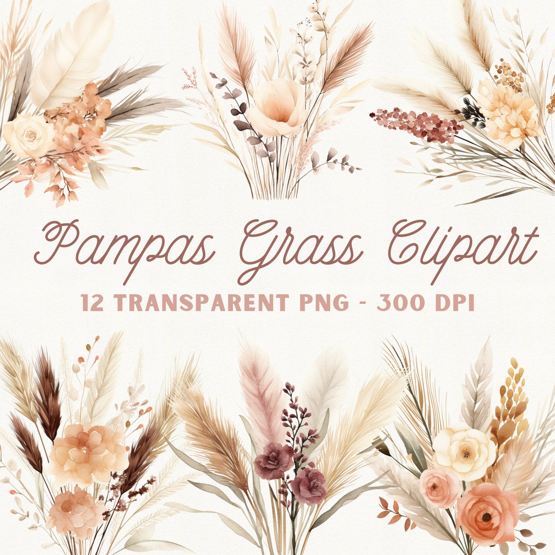Pampas Grass Clipart, Watercolor Pampas Grass and Floral Bouquet, Boho ...