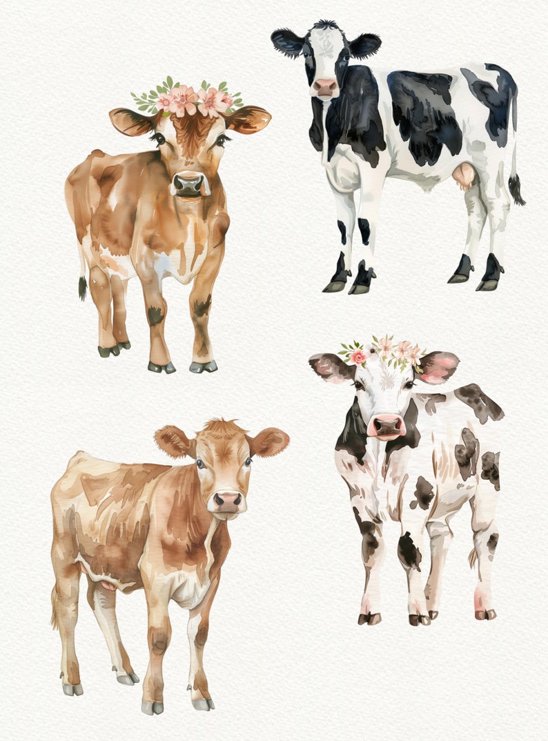 Cute Cow Clipart, Cow Clipart, Cow Watercolor Clipart, Farm Animal ...