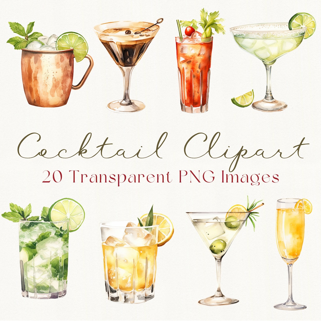 Watercolor Cocktail Clipart: Signature Drinks, Bar Cart (PNG, 300DPI ...