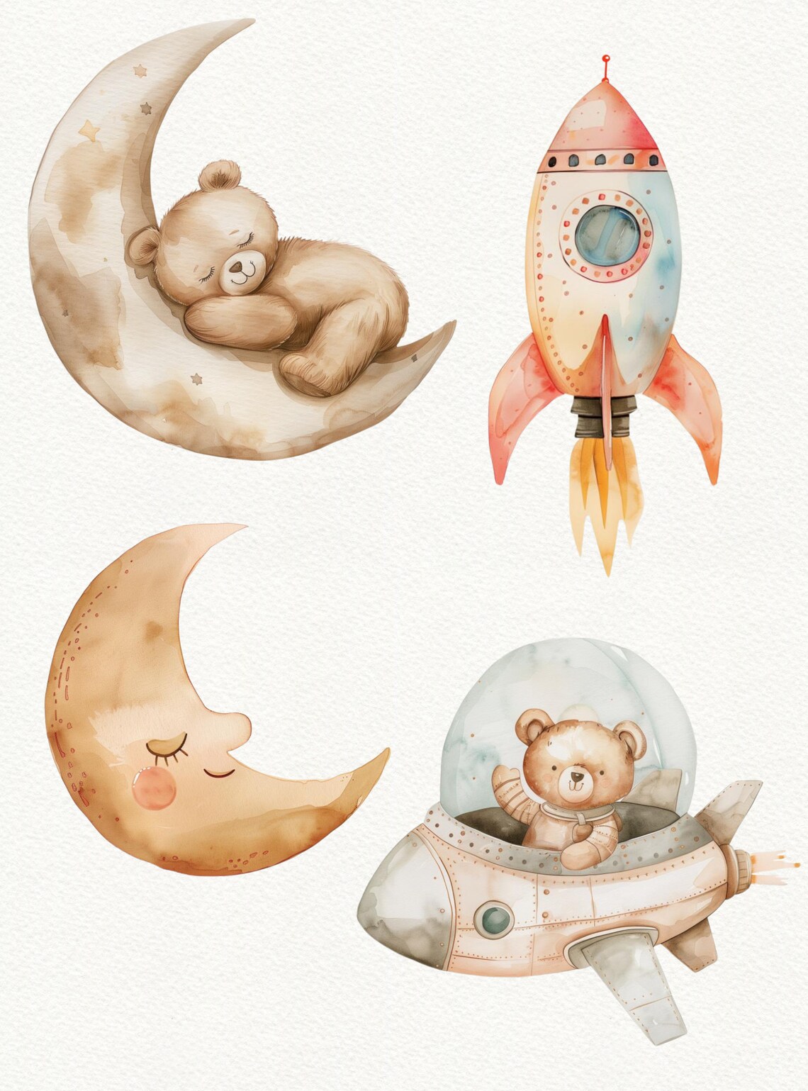 Watercolor Teddy Bear Space Clipart: Rocket, Moon, Astronaut (PNG ...