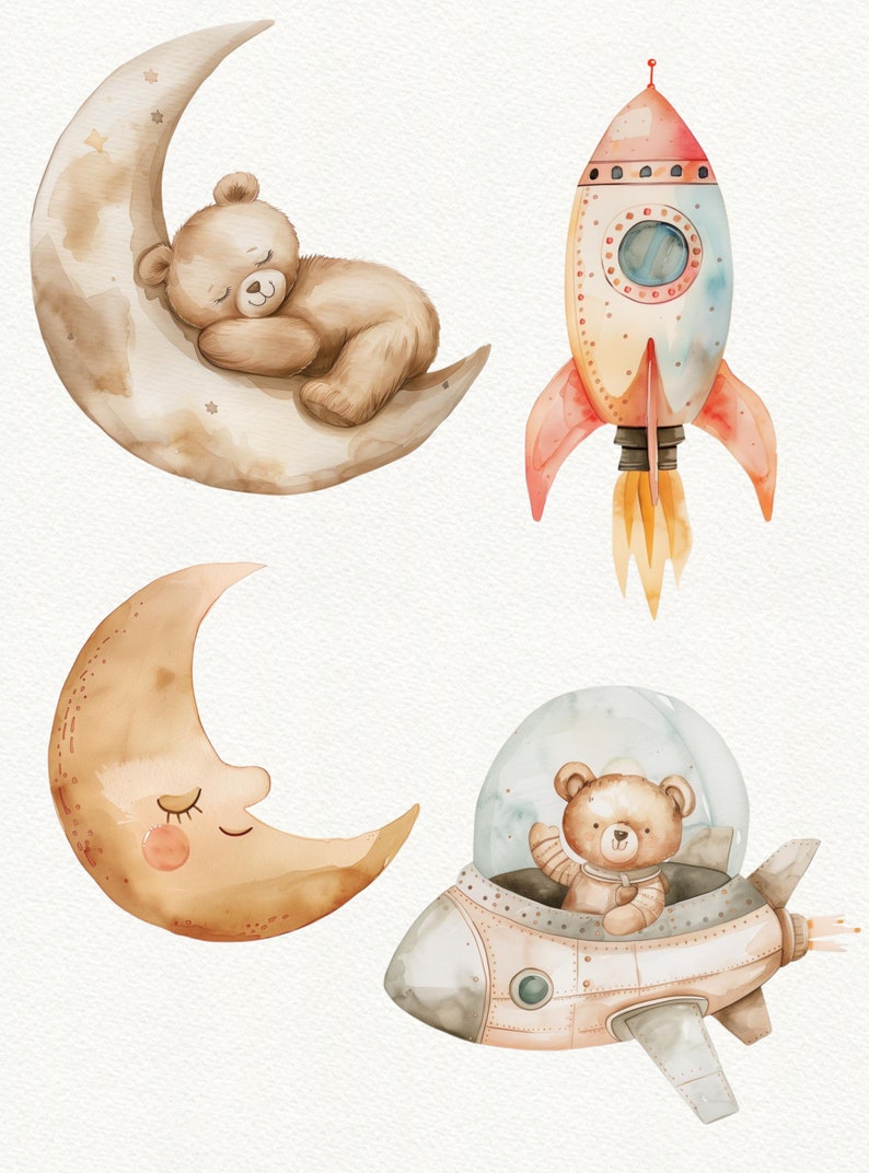 Watercolor Teddy Bear Space Clipart: Rocket, Moon, Astronaut (PNG ...