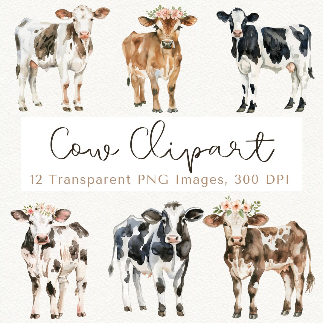 Cute Cow Clipart, Cow Clipart, Cow Watercolor Clipart, Farm Animal ...