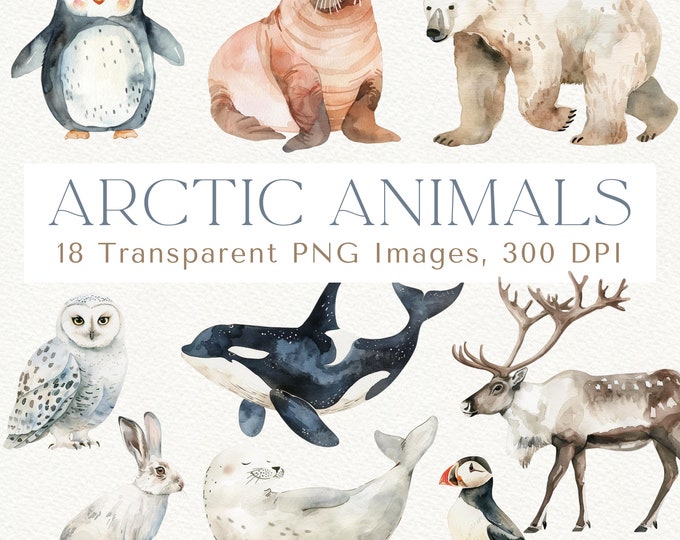 Arctic Animals Watercolor Clipart, Cute Polar Bear, Penguin, Narwal ...