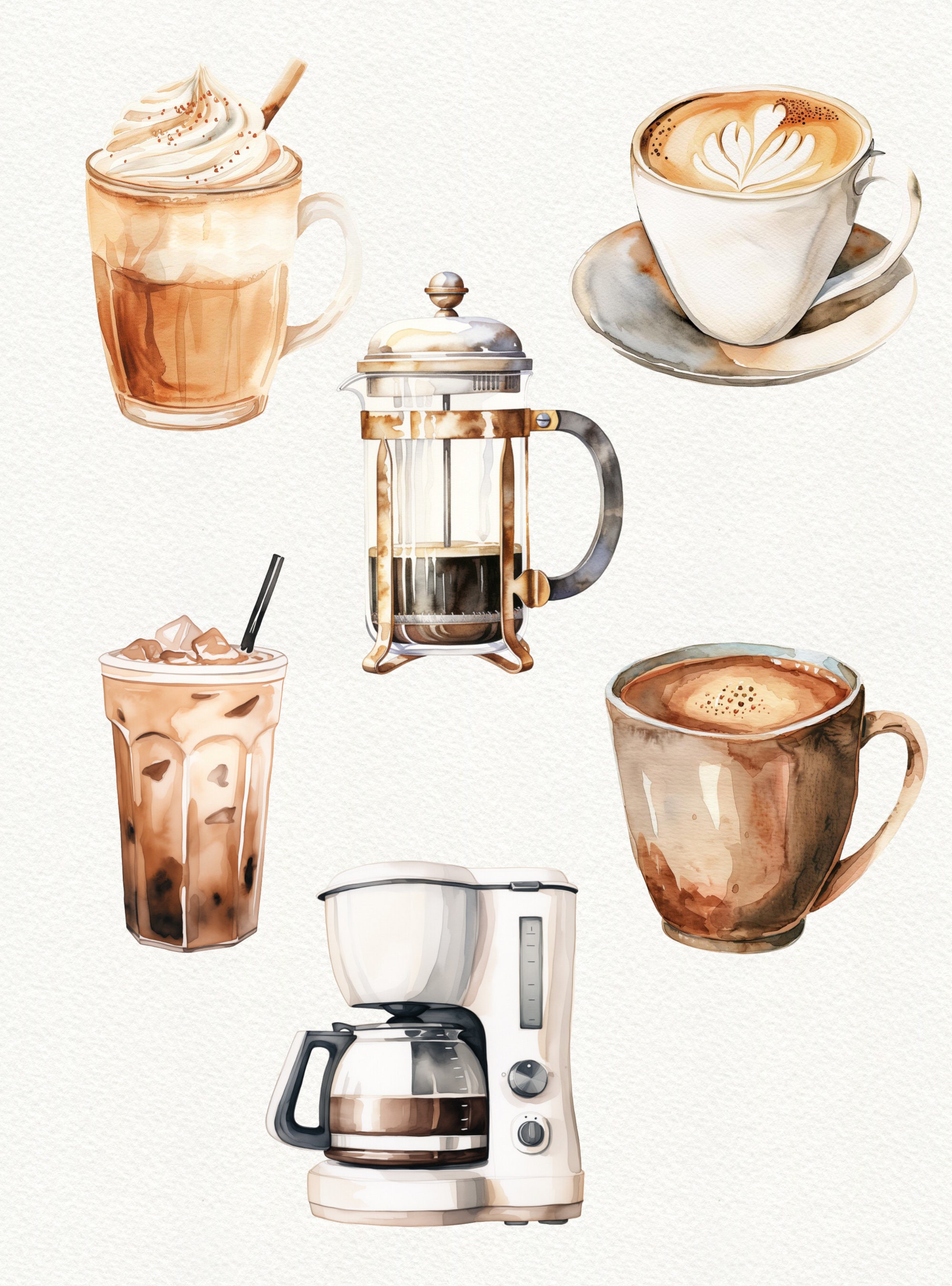 Watercolor Coffee Clipart: Coffee Mug & Drinks PNG (digital Download ...