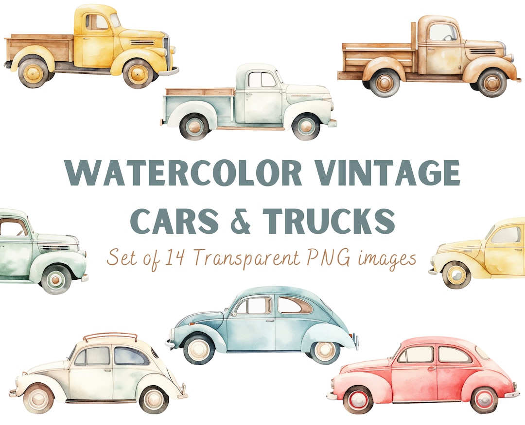 Buy Old Truck Clipart, Old Car Clipart, Car and Truck Watercolor ...