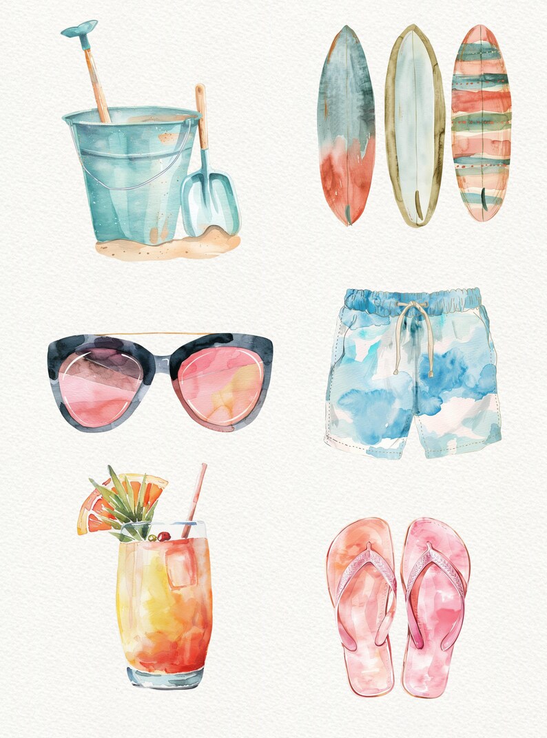 Watercolor Beach Day Clipart: Summer Vacation PNG Images (digital ...