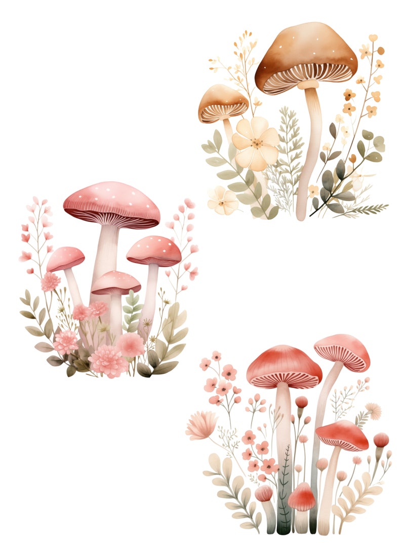 Watercolor Mushroom Clipart, Wild Mushroom Clipart, Floral Mushroom PNG ...