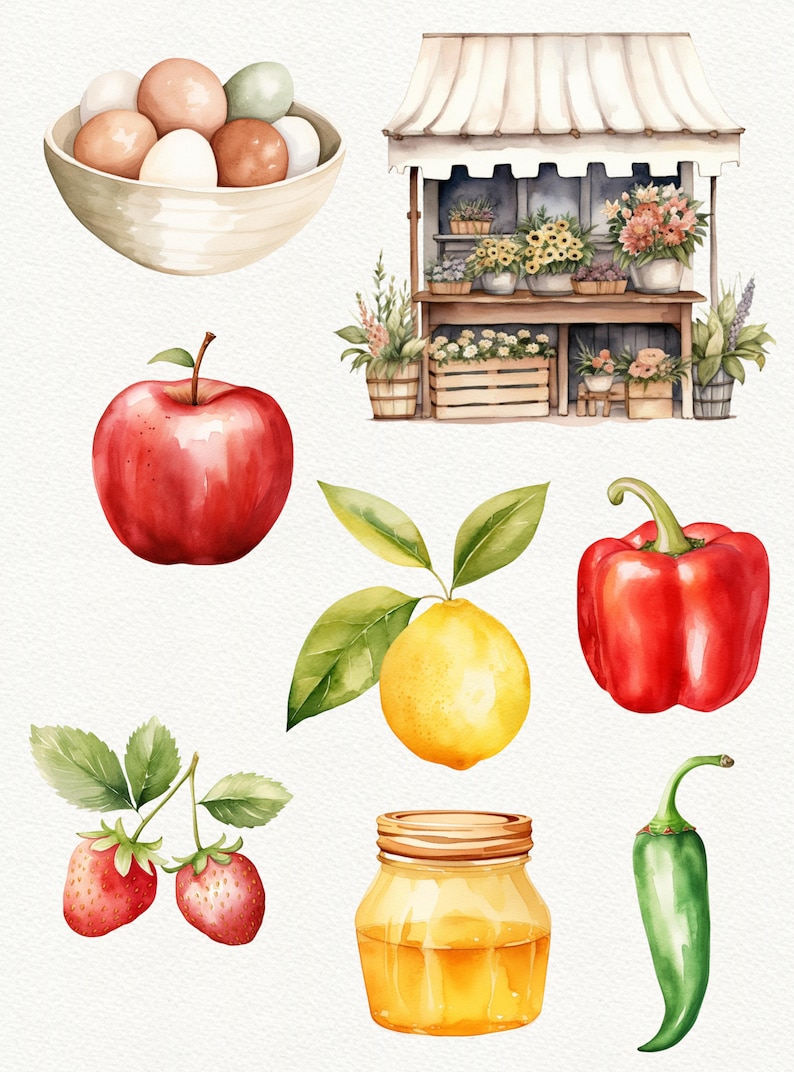 Watercolor Farmers Market Clipart: Fruit, Veggies, Flowers (PNG) - Etsy