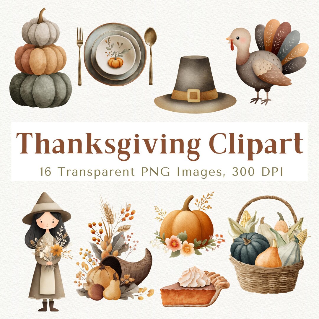 Thanksgiving Clipart Set, Watercolor Turkey, Pumpkin, Cornucopia (PNG ...