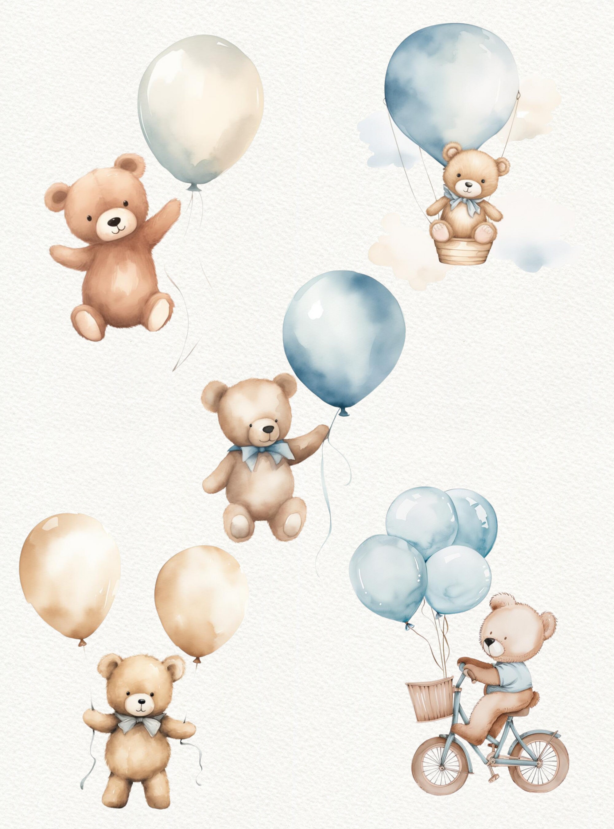 Watercolor Teddy Bear Clipart: Hot Air Balloon PNG Bundle (digital ...