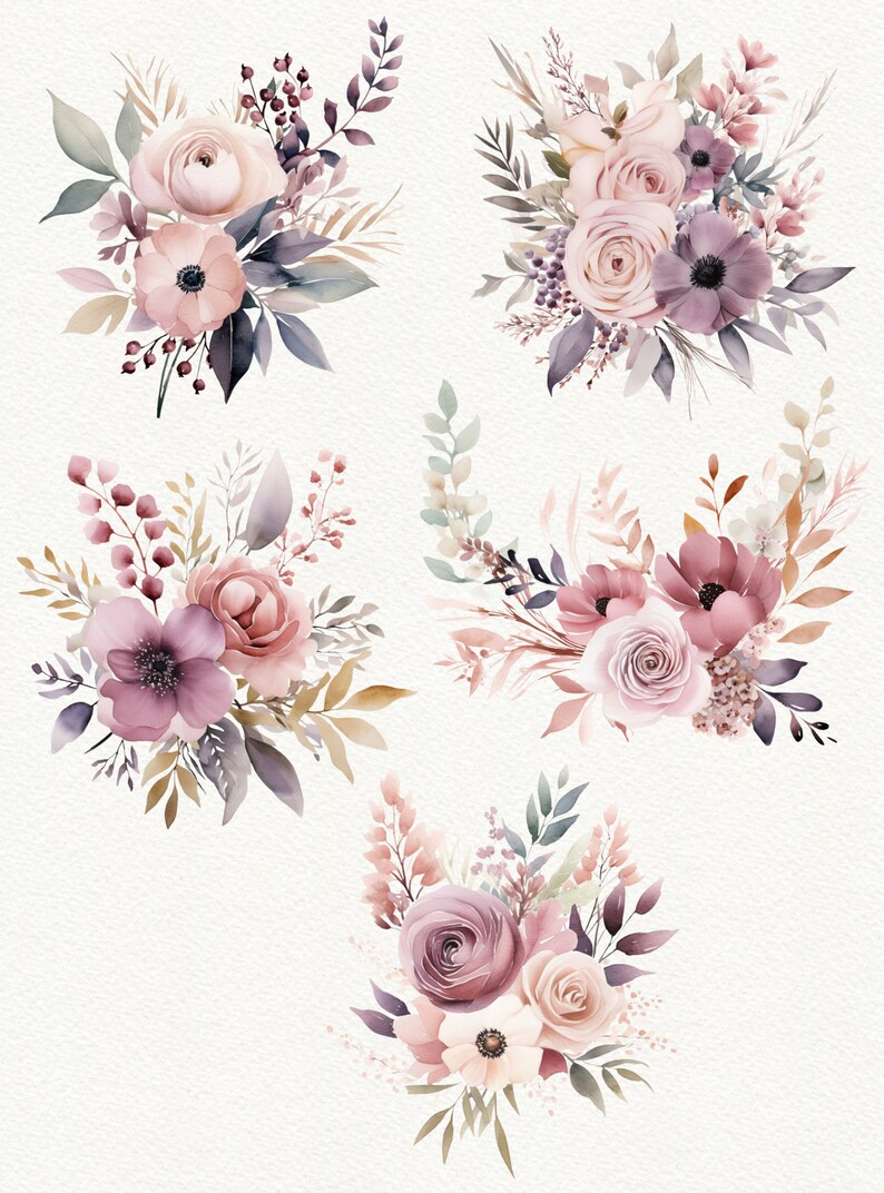 Watercolor Blush & Plum Floral Clipart: Wedding Wreath PNG (digital ...
