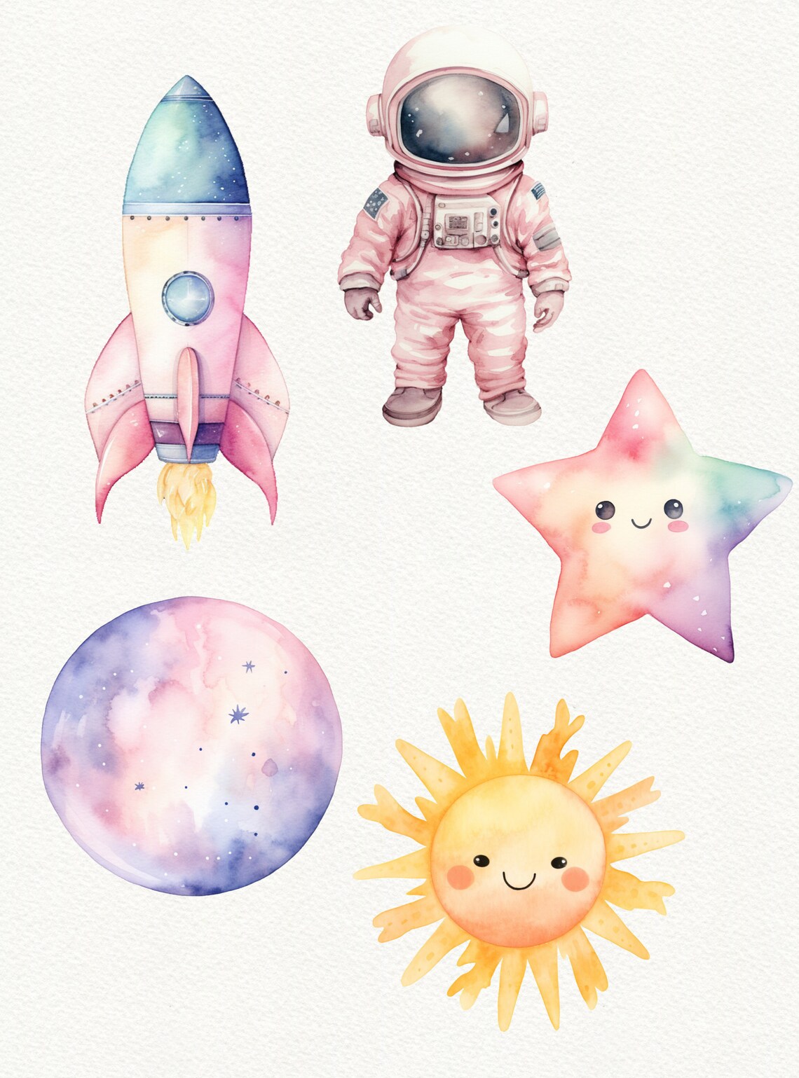 Watercolor Pastel Space Clipart: Girl Astronaut, Rocket, Planets (PNG ...