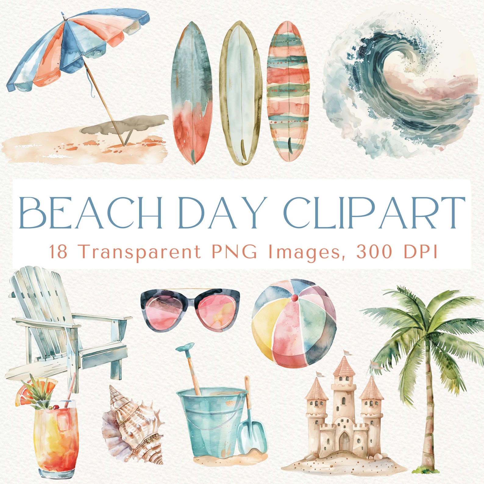 Watercolor Beach Day Clipart: Summer Vacation PNG Images (digital ...