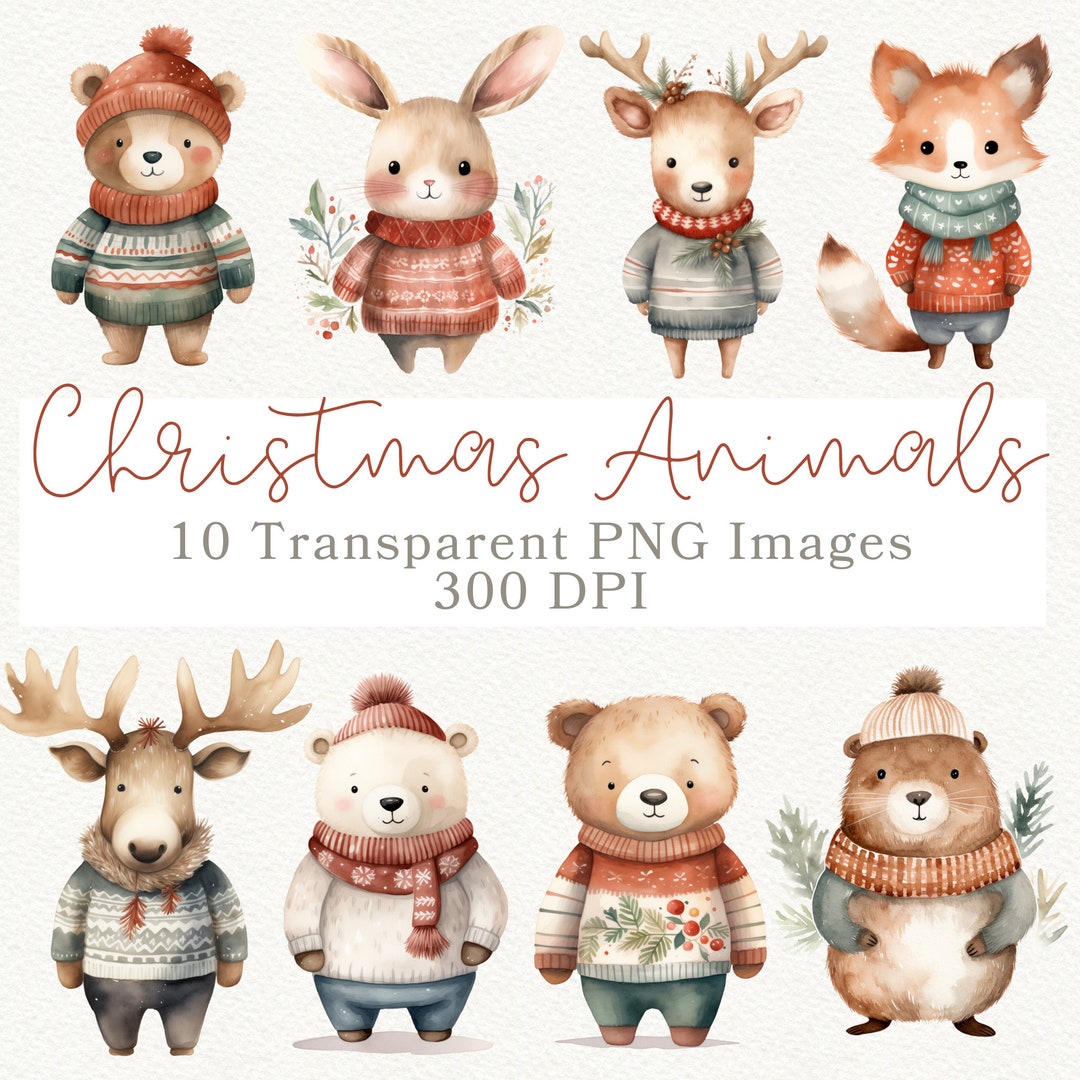 Watercolor Christmas Animal Clipart: Festive Winter PNG Images (digital ...