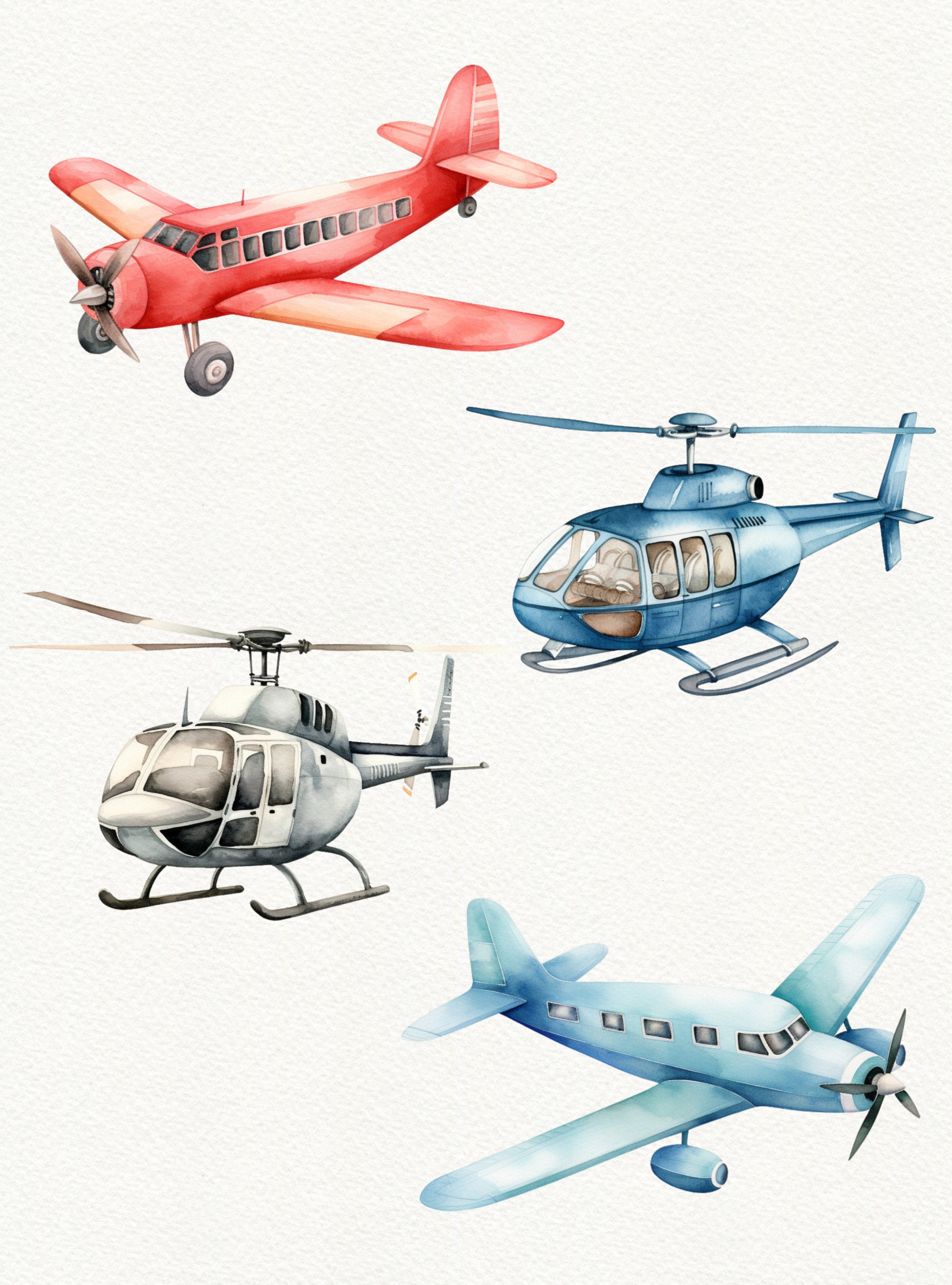Watercolor Airplane & Helicopter Clipart: Aviation PNG Images (digital ...