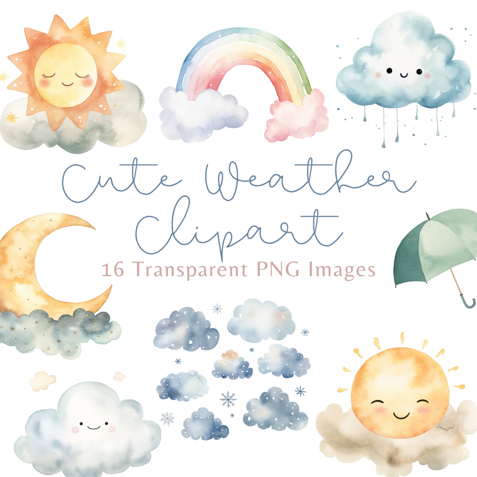 Watercolor Weather Clipart, Kawaii Weather Clipart, Rainbow Clipart ...