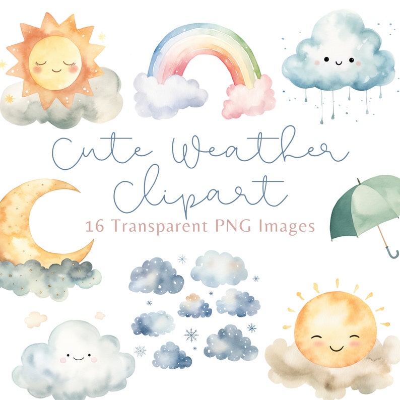 Watercolor Weather Clipart, Kawaii Weather Clipart, Rainbow Clipart ...