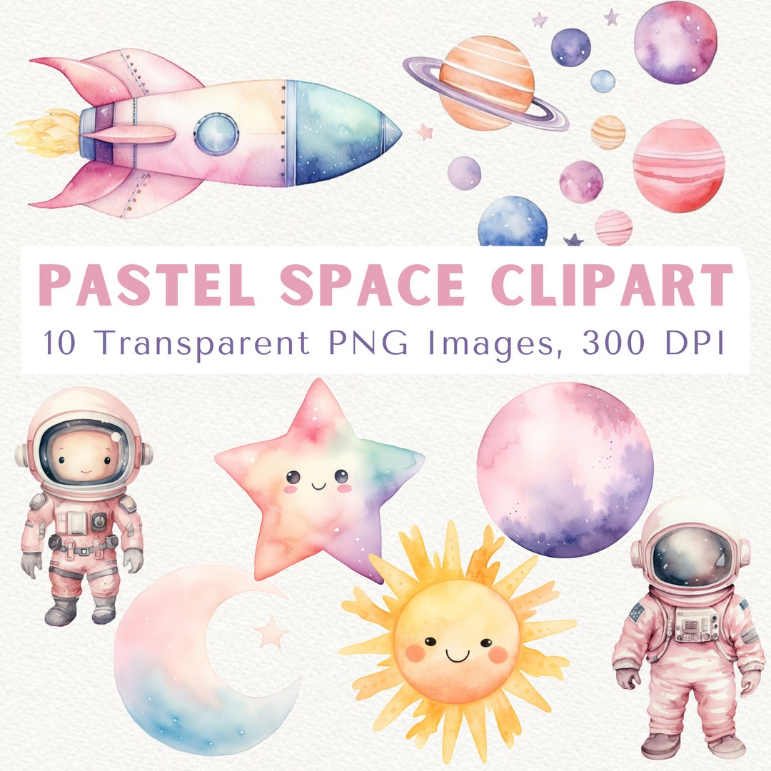 Watercolor Pastel Space Clipart: Girl Astronaut, Rocket, Planets (PNG ...