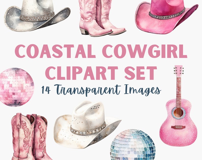Disco Cowgirl Clipart, Pink Cowgirl Boots and Hat Png Clip Art, Cute ...