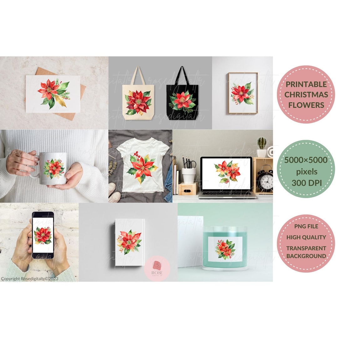 20 Printable Christmas Flowers Clipart Bundle 7, High Quality, Digital ...