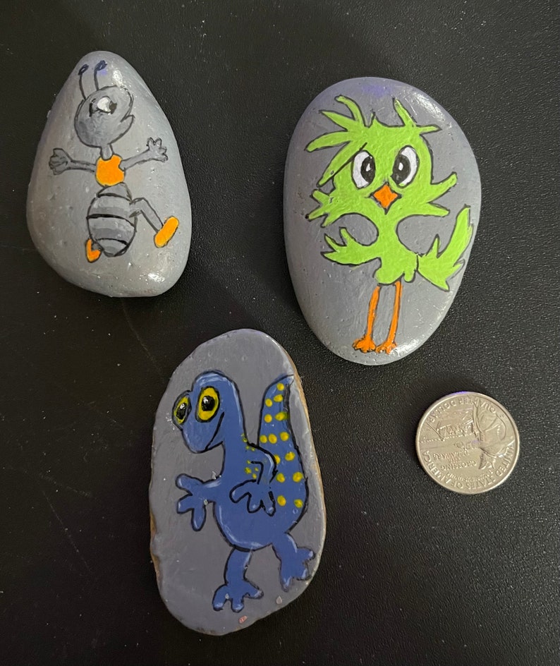 Three Adorable Characters Hand Painted on Rocks. Free Shipping - Etsy
