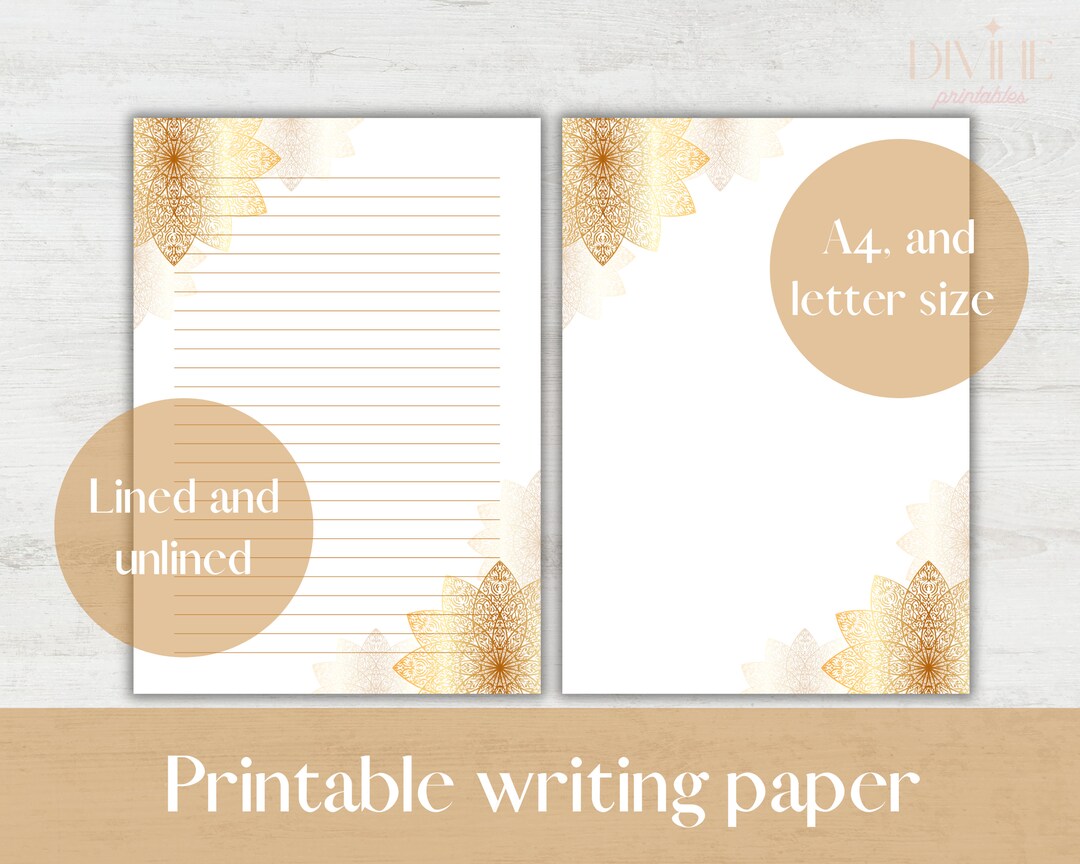 Printable Golden Mandala Paper, US Letter, A4, Lined and Blank Writing ...