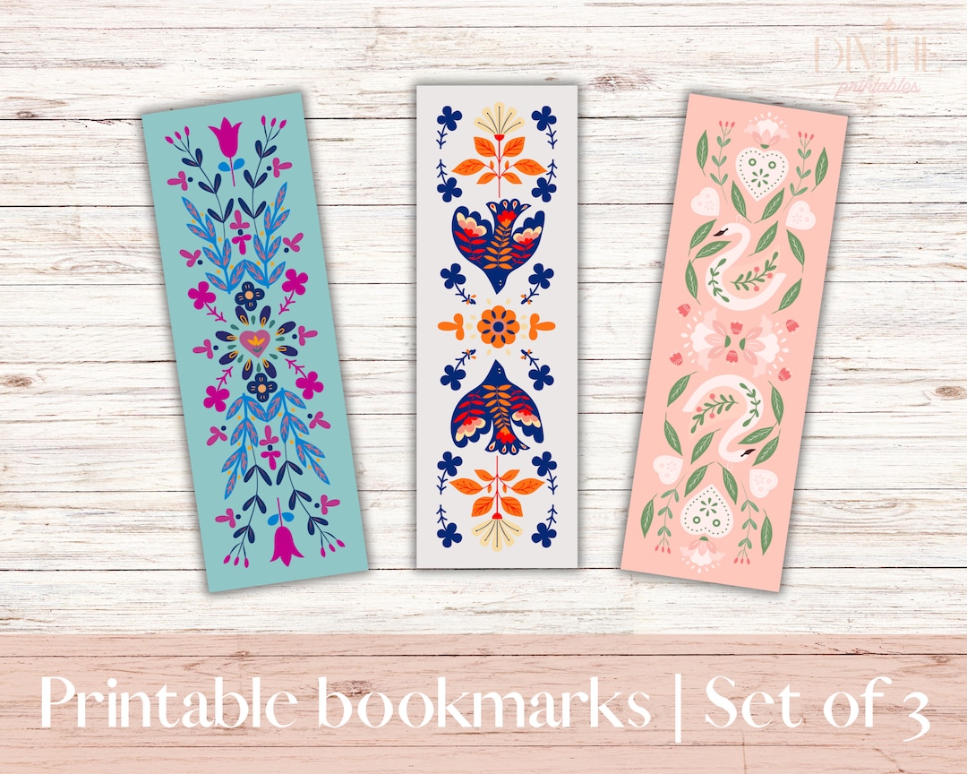 Set of 3 Printable Folk Art Bookmarks, Downloadable PDF File Containing ...