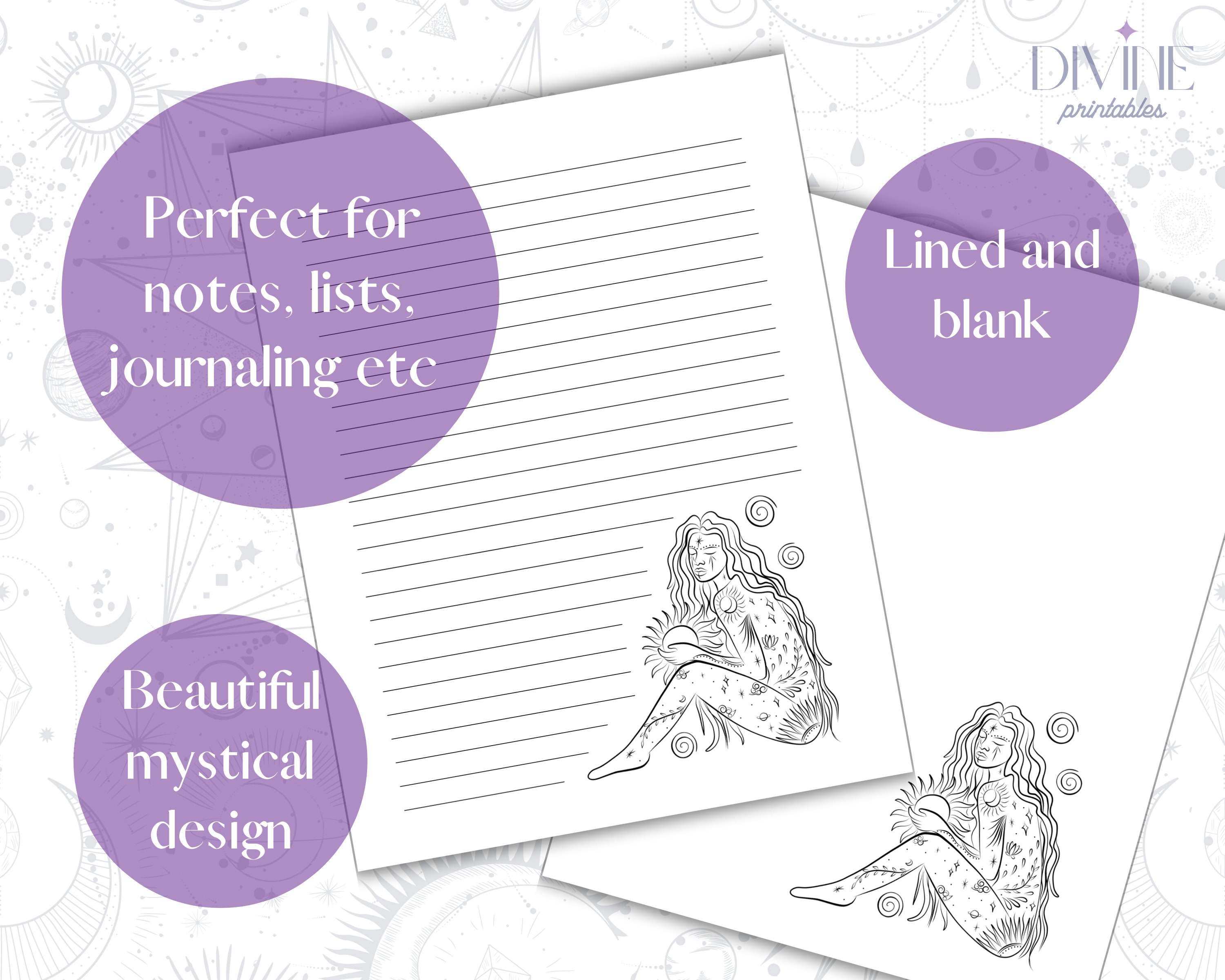 Printable Mystical Design Paper, US Letter, A4, Lined and Blank Writing ...