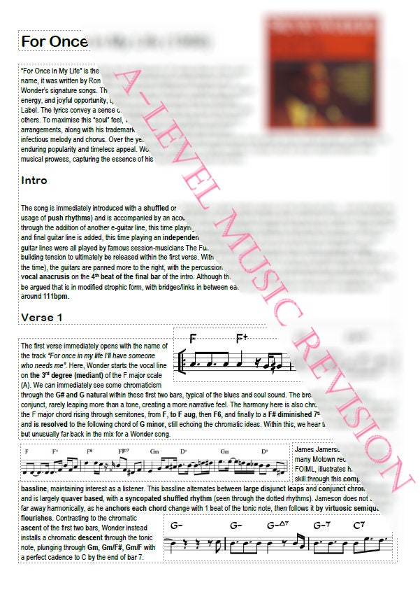 AQA A-level Music - Stevie Wonder Detailed Revision Sheet (AOS2 - Pop ...