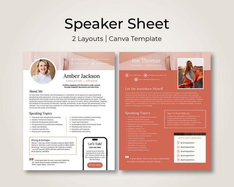 Speaker One Sheet, Speaker Sheet Template Canva, Media Kit Influencer Template, Media Kit for ...