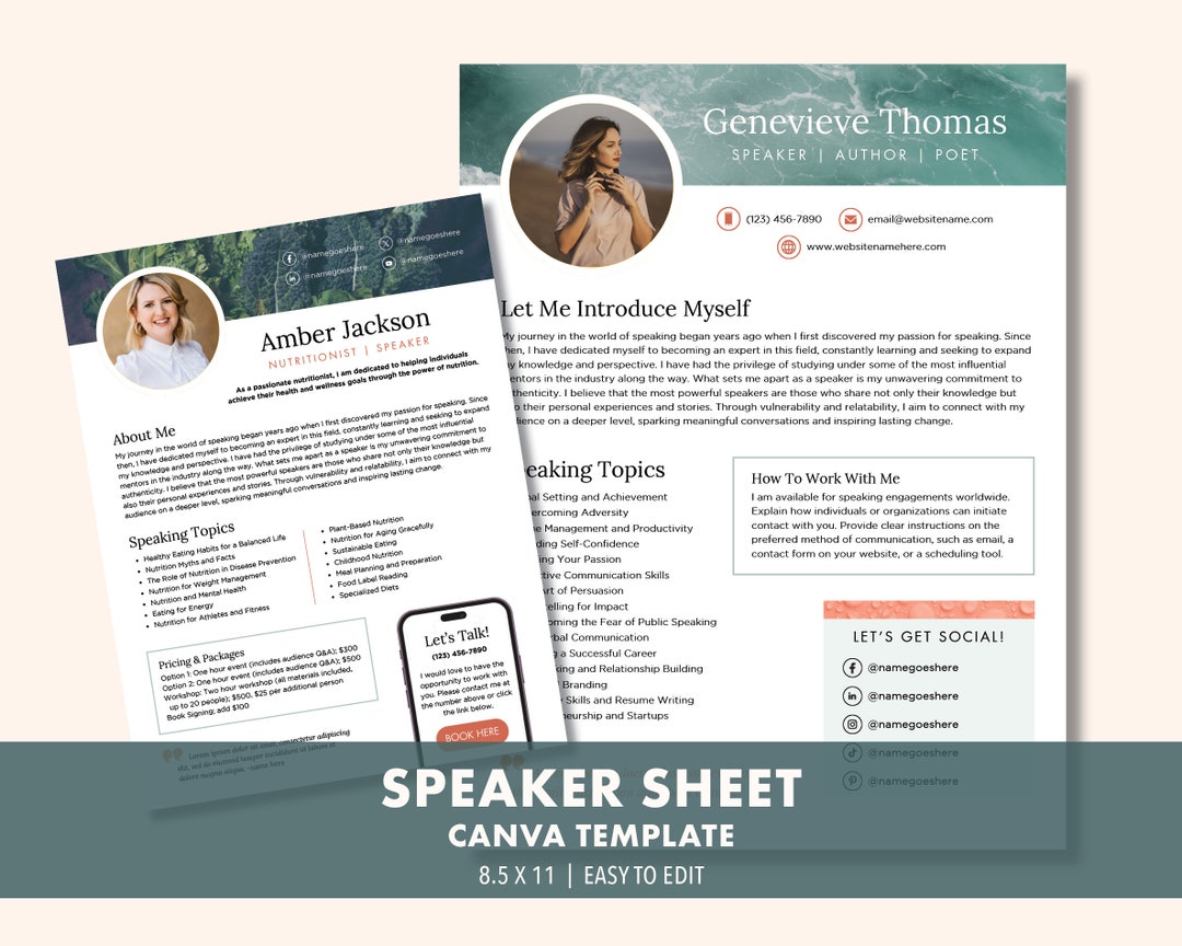 Speaker One Sheet, Speaker Sheet Canva Template, Professional Speaker Sheet, Coach Profile ...