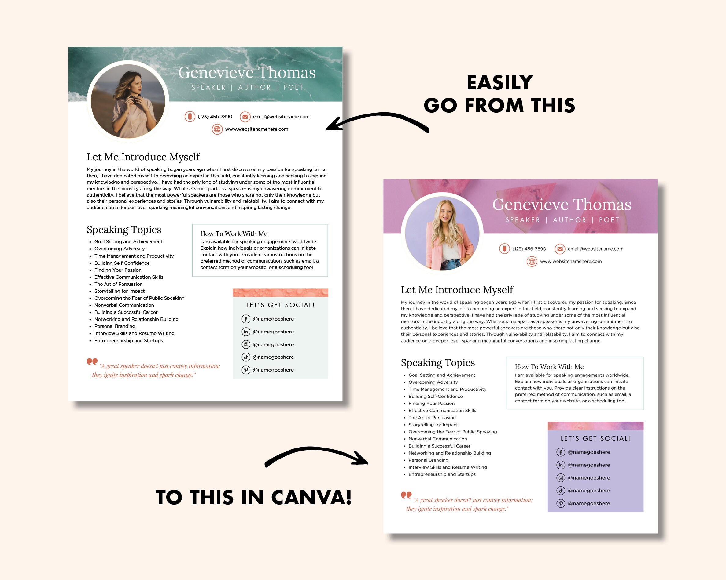 Speaker One Sheet, Speaker Sheet Canva Template, Professional Speaker ...