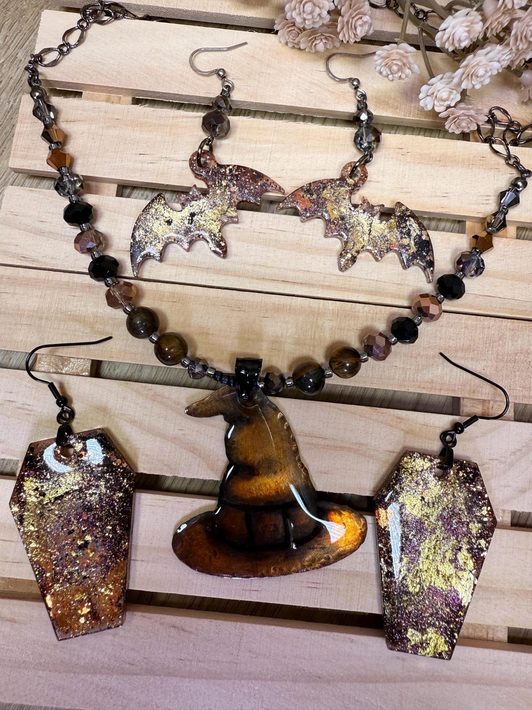 Copper Witch Hat Pendant Necklace, Bat & Coffin Resin Earrings: Gothic ...
