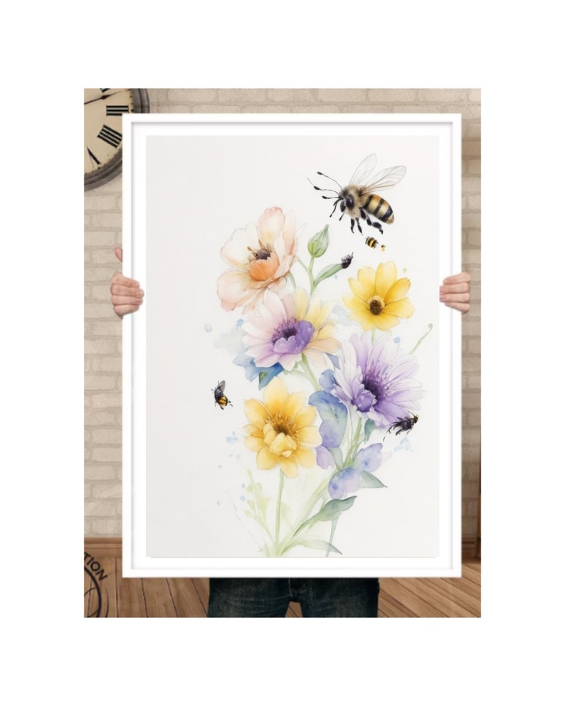 Set of 7 Wild Flowers & Bees Digital Art Images Watercolor in Pastel ...